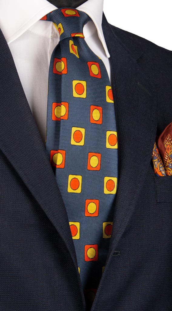 Man Blue Vintage Silk Tie Orange Mustard Color Pattern CV536