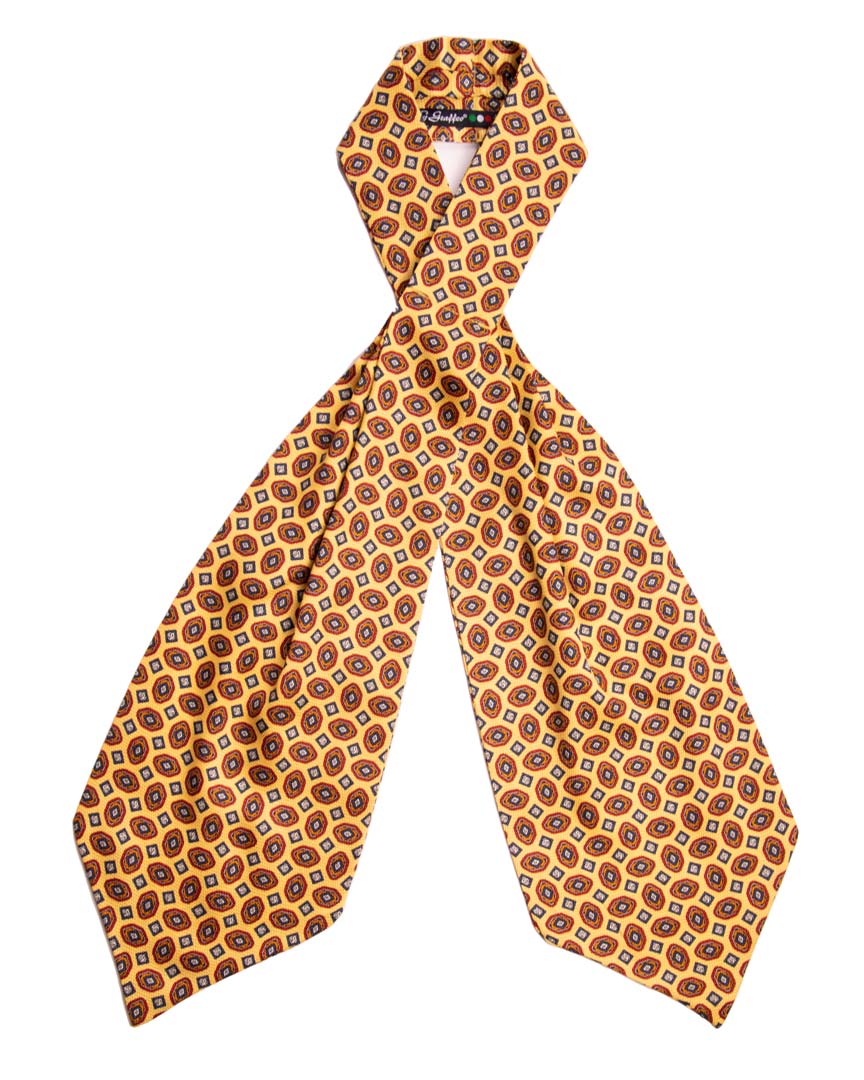 Man Yellow Printed Silk Ascot Red Orange Deep Blue White Pattern AS5