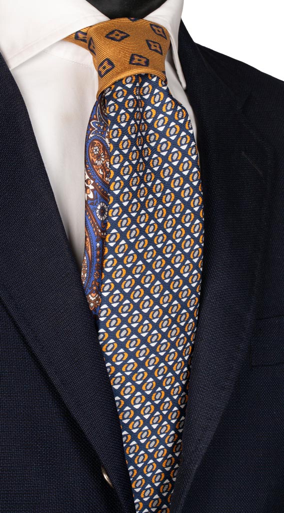 Man Blue Printed Silk Tie White Pattern Mustard Yellow Contrast Knot N