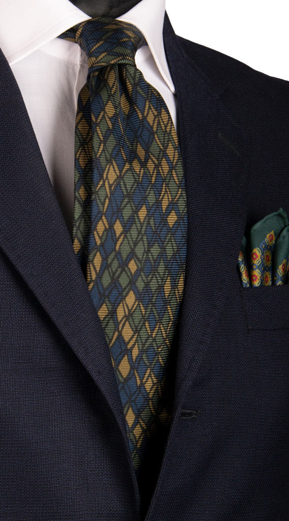 Man Vintage Silk Tie Olive Green Blue Pattern CV116