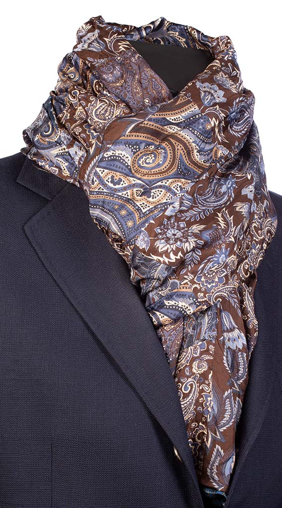 Brown Vintage Patchwork Silk Scarf Light Blue White Paisley S276